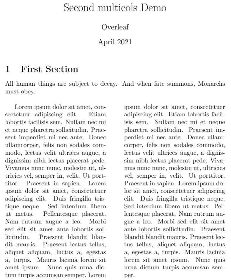 Multiple Columns Overleaf Online LaTeX Editor